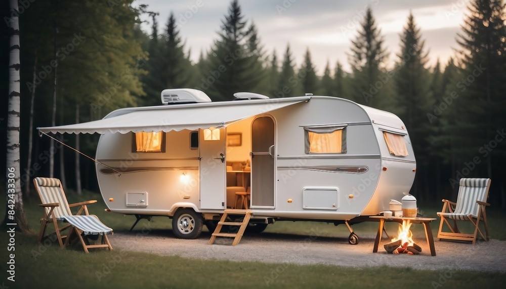 attractive caravan parked at the cottage, lighted and with camping ...