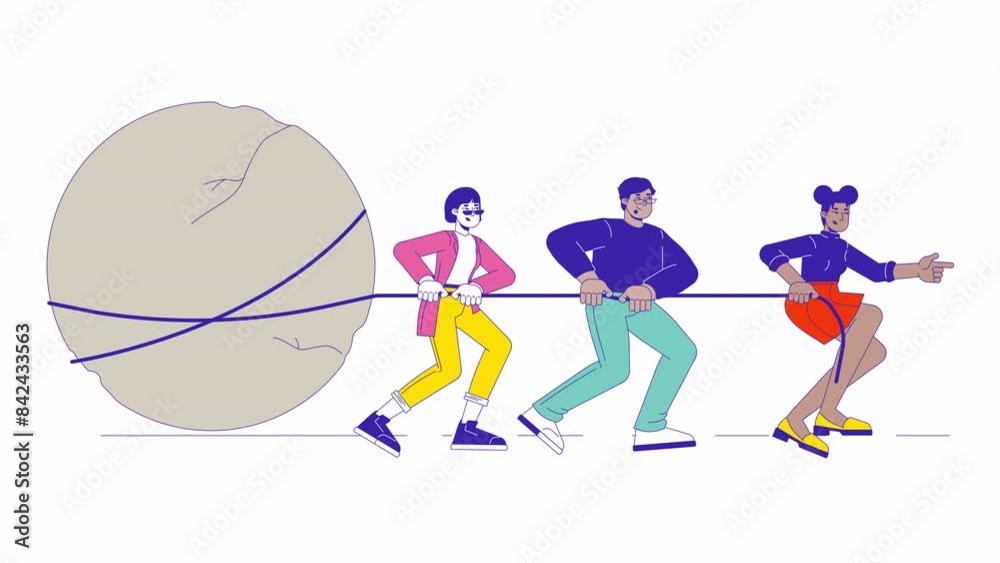 Black woman leader with team pulling rock line 2D animation. Leadership ...