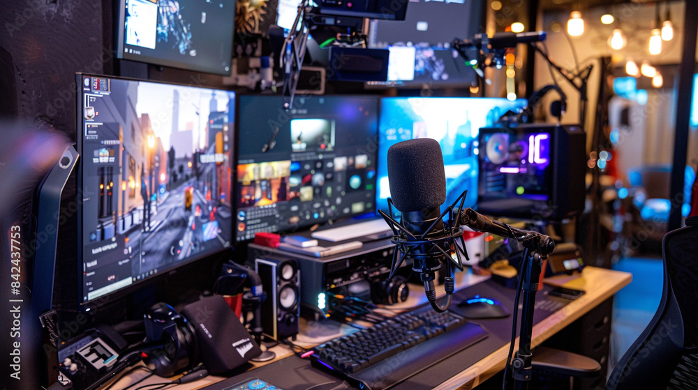 Streamer workplace. There are many monitors, microphones, PC, mouse and ...