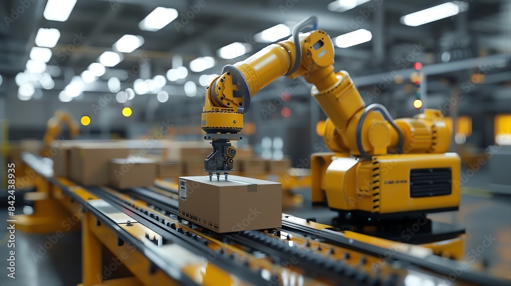 A robotic arm picks up a box on an assembly line in a factory. The robot is yellow and the boxes ...