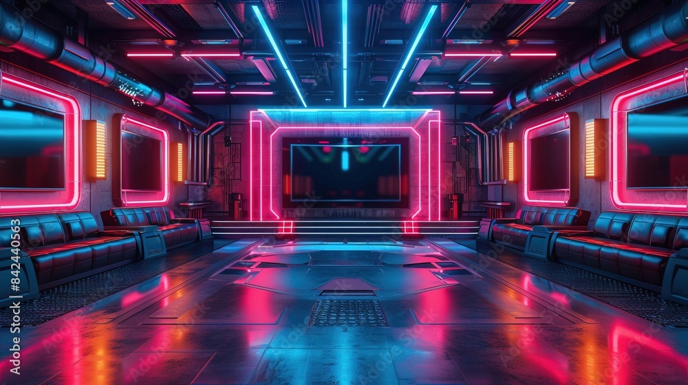 Modern tv game show studio set glowing with neon lights and futuristic ...