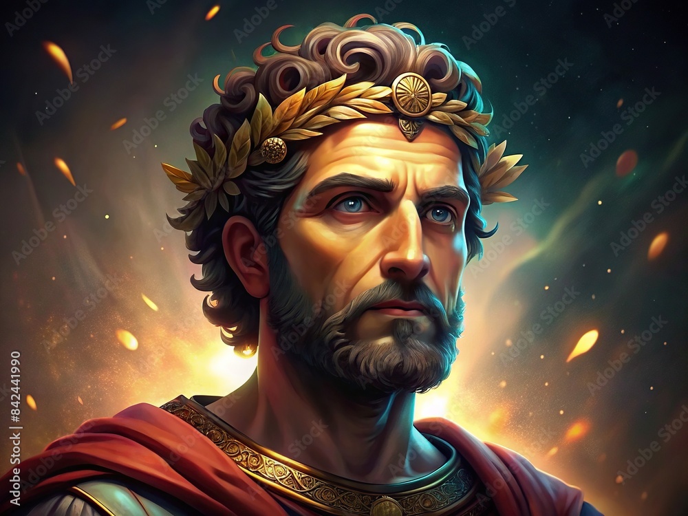 Portrait of Roman Emperor Marcus Aurelius with a serious expression ...