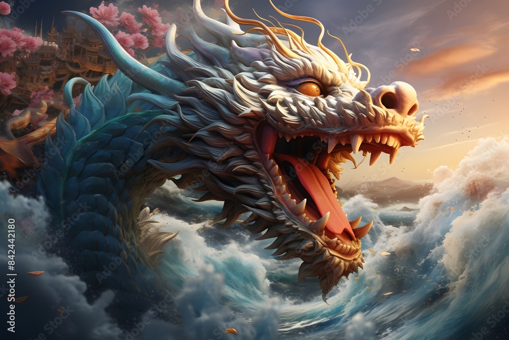 Poster, Foto A colorful Chinese brush painting of a highly detailed ...