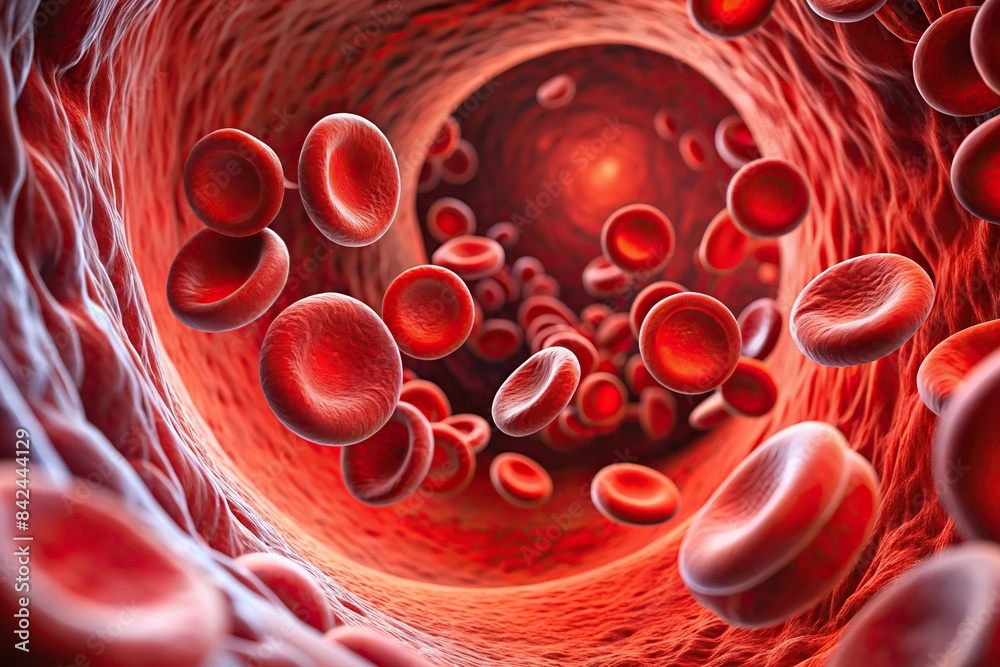 A microscopic view of red blood cells flowing through a blood vessel ...