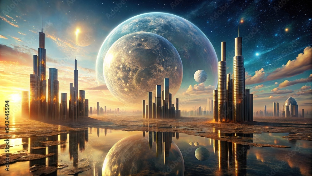 A shimmering cityscape of otherworldly structures, their metallic ...