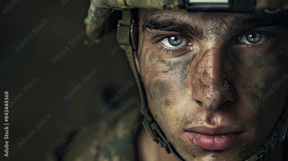 Confusing what is real. Close up portrait of young male soldier. Man in ...