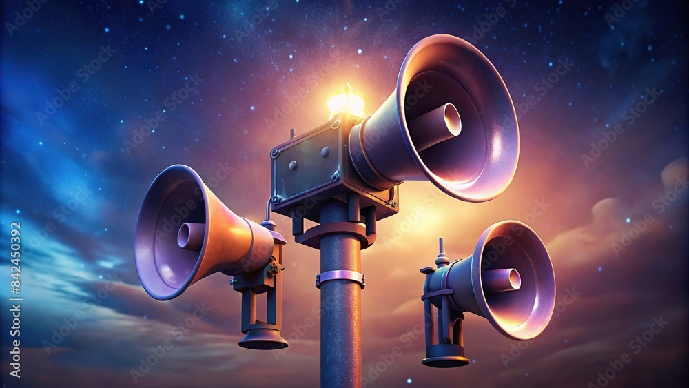 Public address notification loudspeakers on a post, rendering for ...