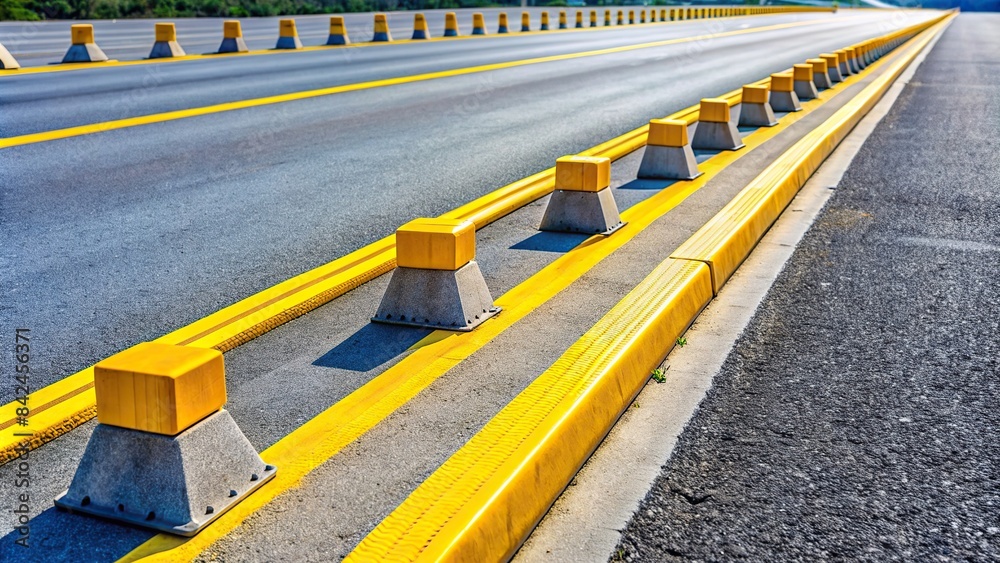 Foto de A row of concrete road dividers with yellow lines, installed on ...