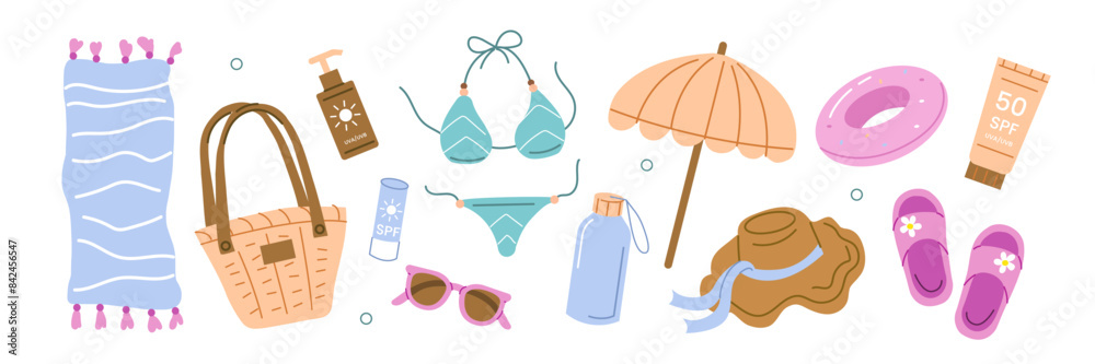 Summer beach items set. Sunglasses, towel, swimwear and other thinks to ...