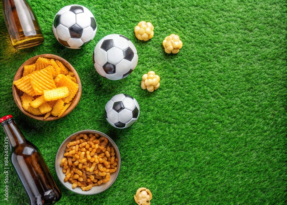 Top view of football-themed snack arrangement with chips, mini soccer ...