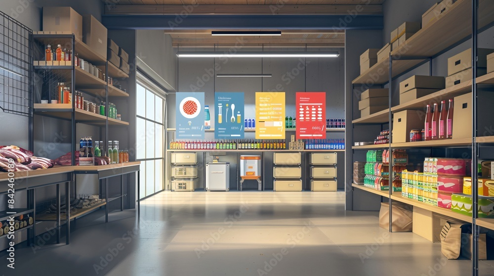 A modern storage room with floating banners displaying colorful ...