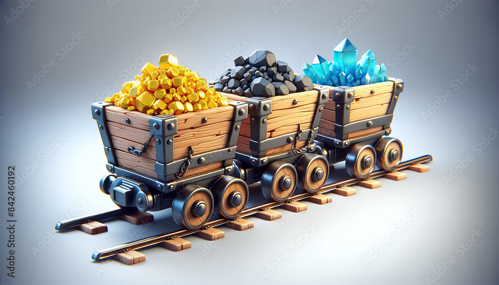 3D animation: Mine carts on tracks, filled with minerals (gold, other ...