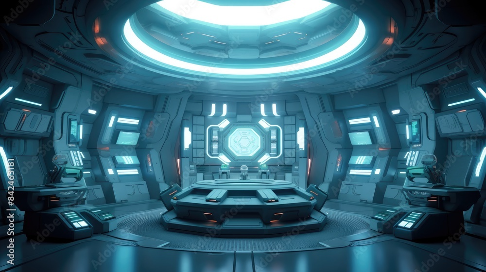 Futuristic spaceship interior with blue. Sci-fi control room concept ...