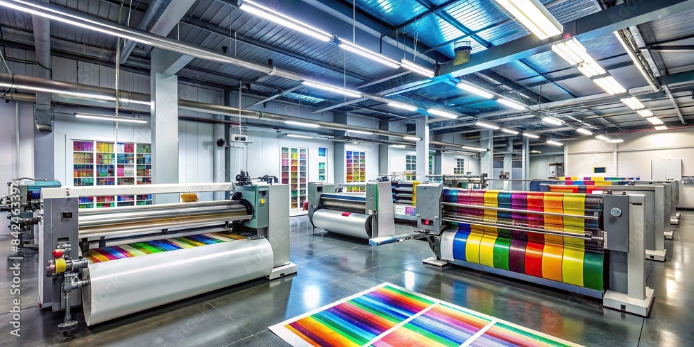 A modern print shop showcasing an advanced printing process, with a ...