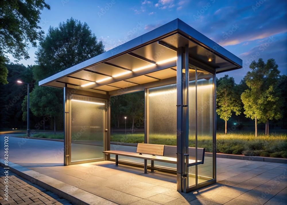 A clean, modern bus stop shelter with an accessible ramp, benches, and ...