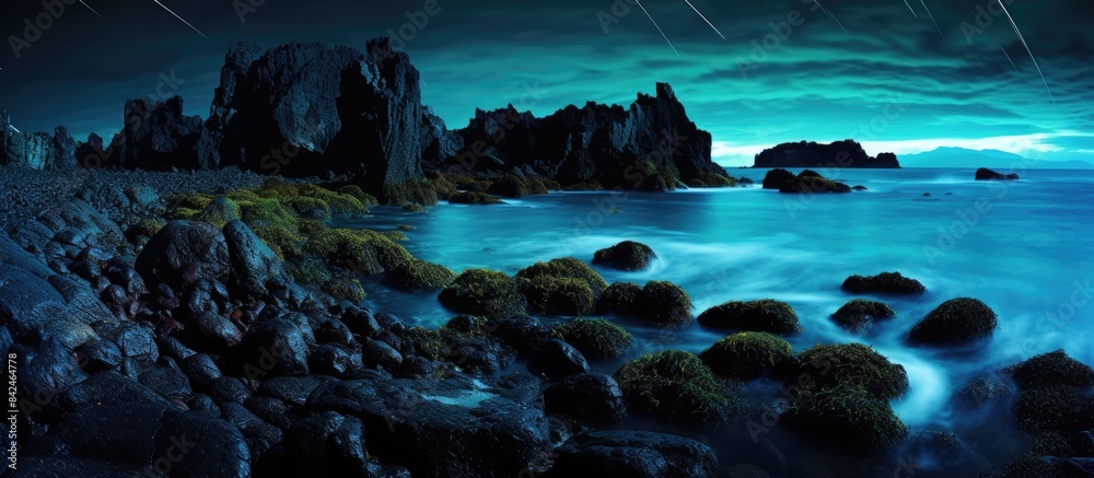 A serene beach at night with blue waves lighting up a lone rock ...