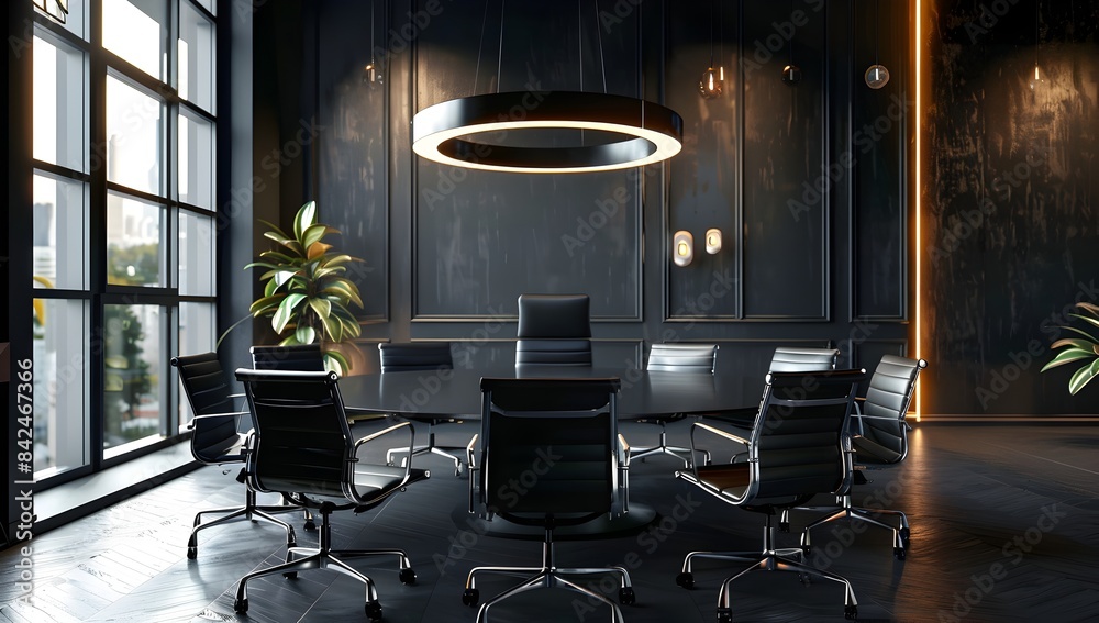 A modern black round glass conference table with modern chairs around ...