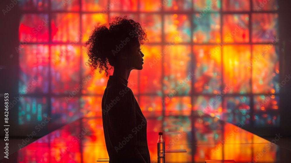 african american business woman standing over present monitor display ...