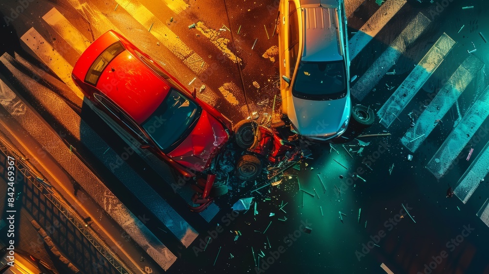 Aerial View of Nighttime Car Accident at Intersection With Damaged ...