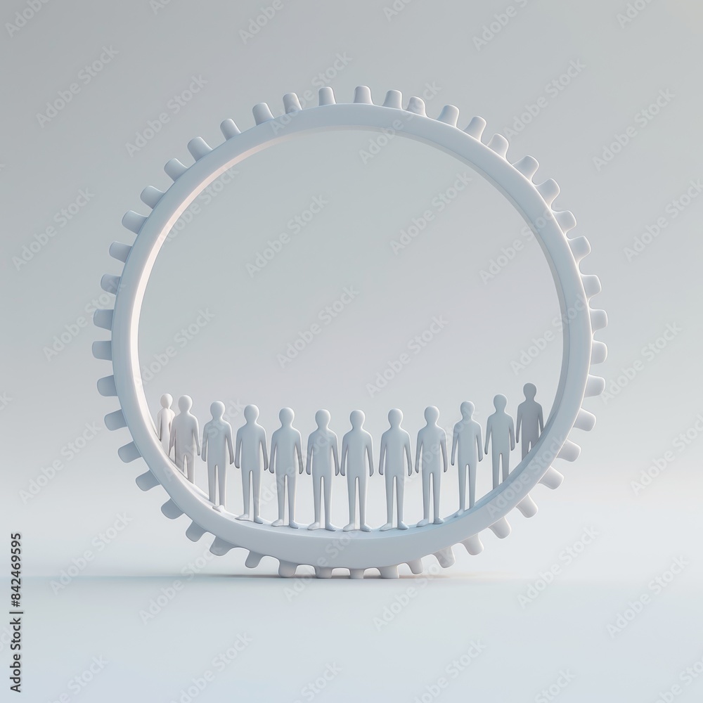 An abstract 3D icon of a team of figures standing in a circle ...