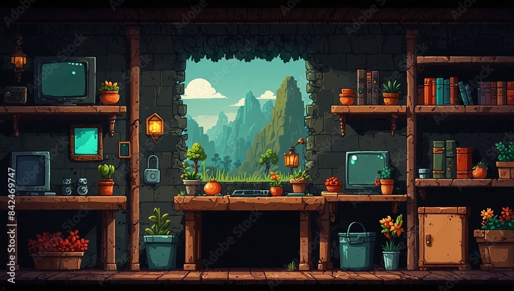 Pixel art game background Computer game screen with bonus items. 2d ...