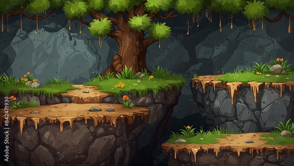Platformer background with muddy terrain and stone walls for game ...