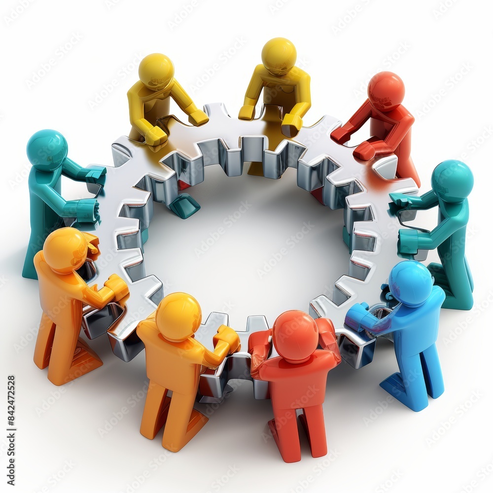 A series of 3D icons depicting corporate teamwork, with figures working ...