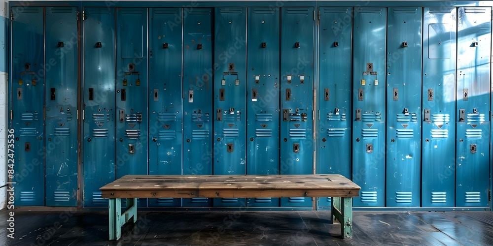 Blue metal lockers with wooden bench some doors open some closed ...