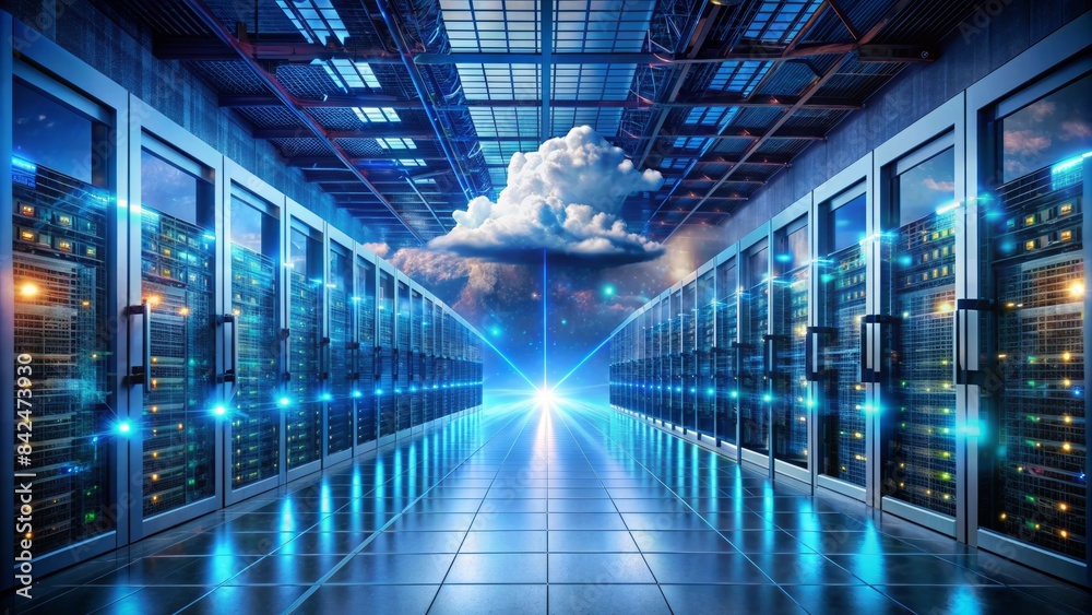 Futuristic data center with rows of machines, streaming information ...