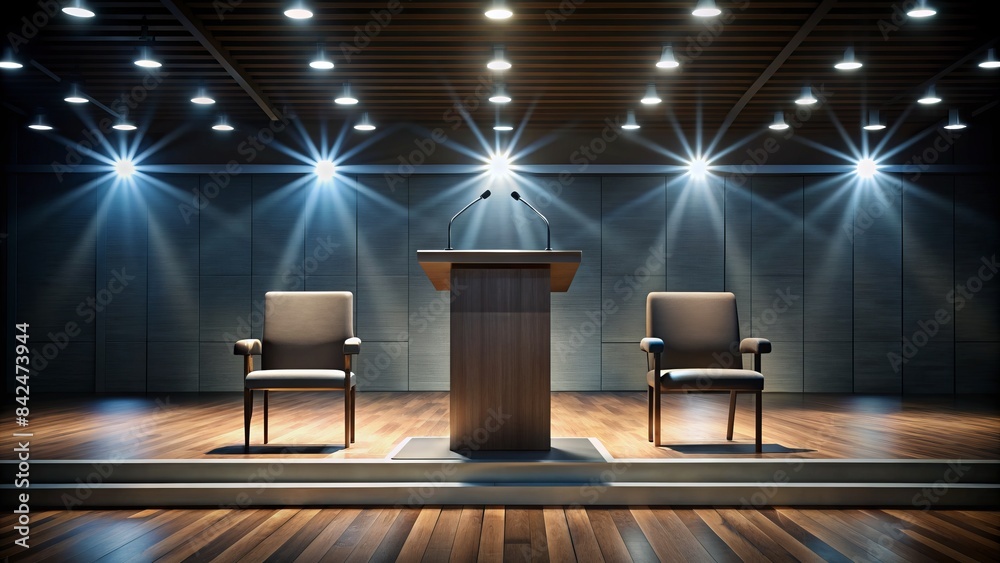 Elegant modern conference stage set amidst a dark lit auditorium with ...