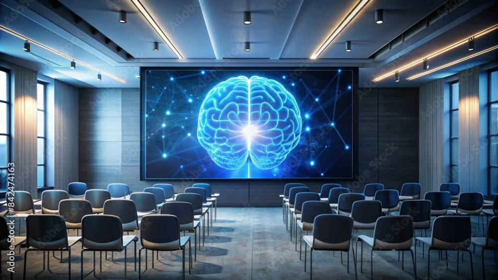 Empty tech startup seminar room with spotlight shining on a large ...