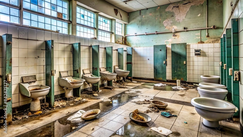 A neglected public restroom with overflowing trash cans, smeared ...