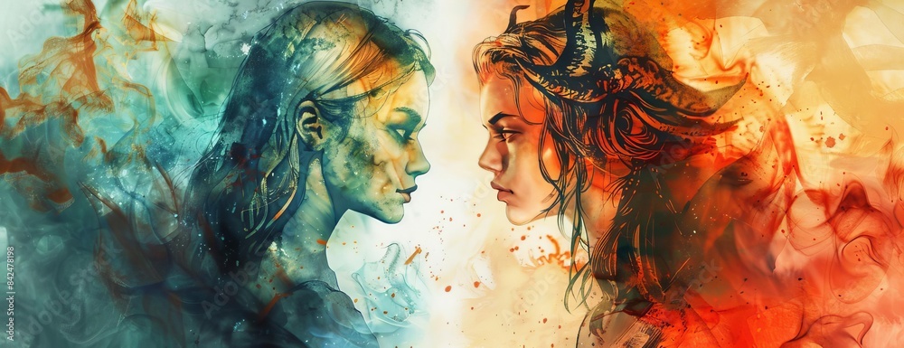 Eye-level angle portrait of angel and devil girls, featuring detailed ...