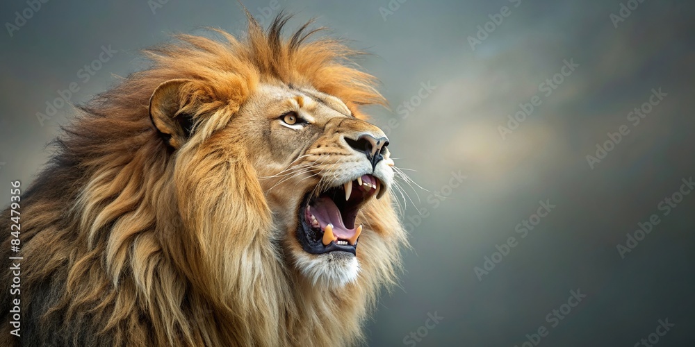 A majestic lion with a powerful mane roars with its mouth wide open ...