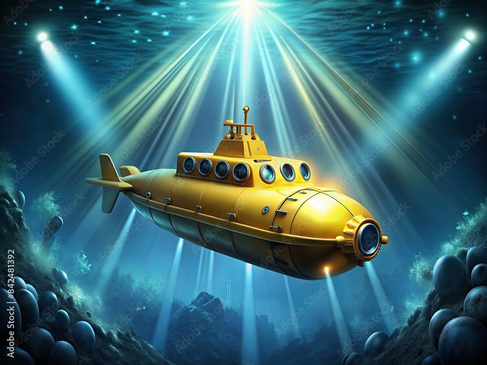 Futuristic yellow submarine exploring dark ocean depths with ...