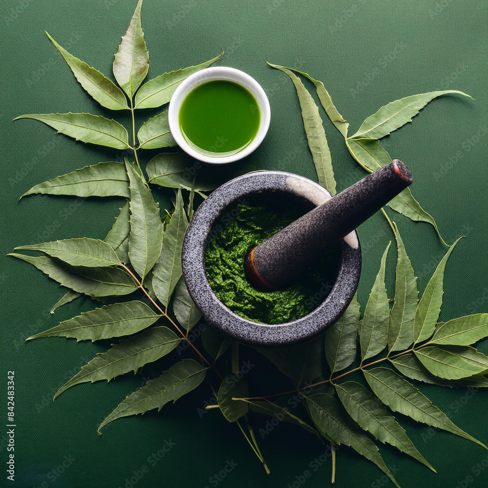 Medicinal Neem leaves in mortar and pestle with neem paste, juice and ...