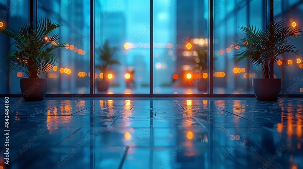 Imagine an upscale office lobby with sleek, modern design, offering ...