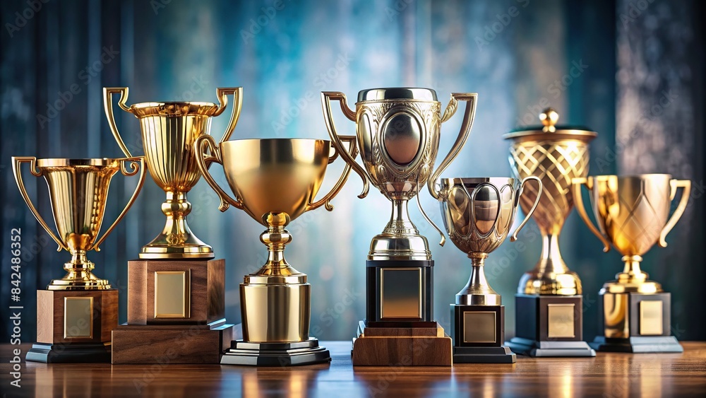 Variety of corporate award trophies on display table, corporate, awards ...