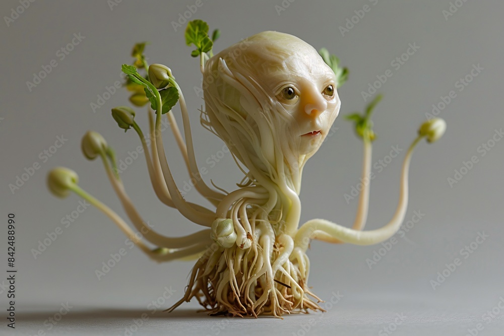 Featuring minimalist studio lighting, a humanoid bean sprout with ...