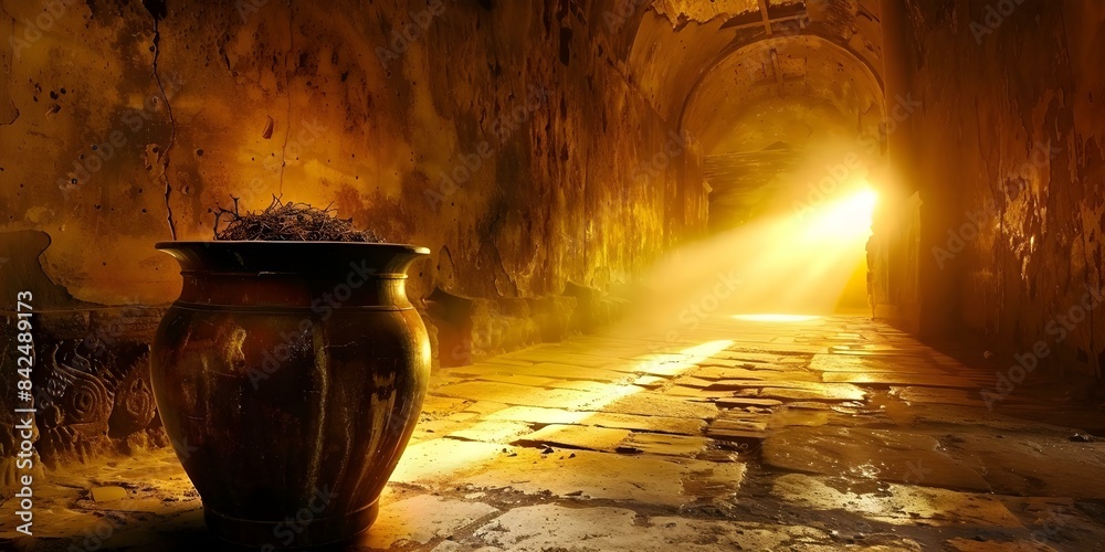 Ancient urn with ashes in crypt temple symbolizing funeral and ...