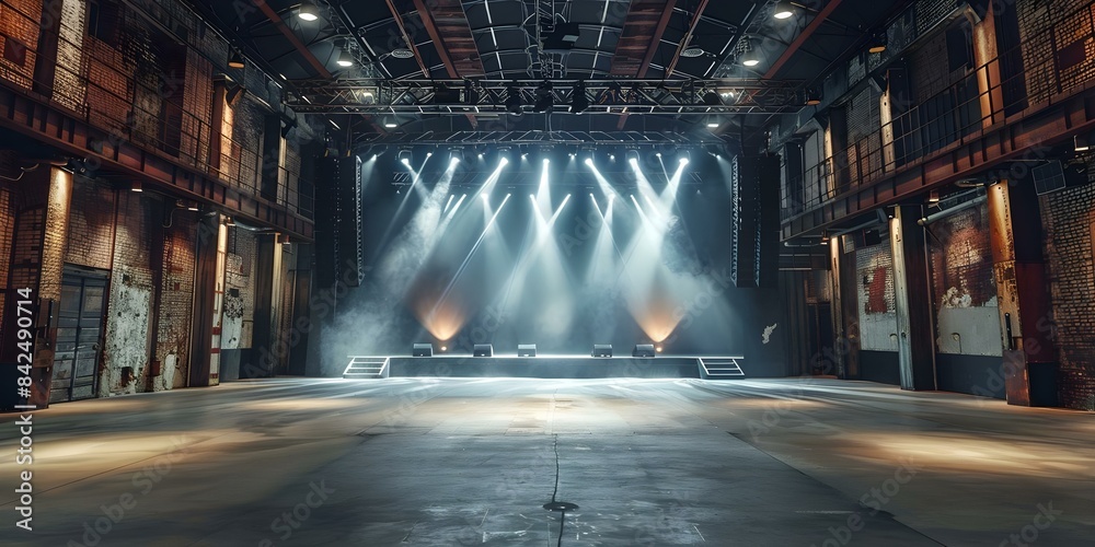 Concert stage with industrial vibe brick walls metal trusses and soft ...