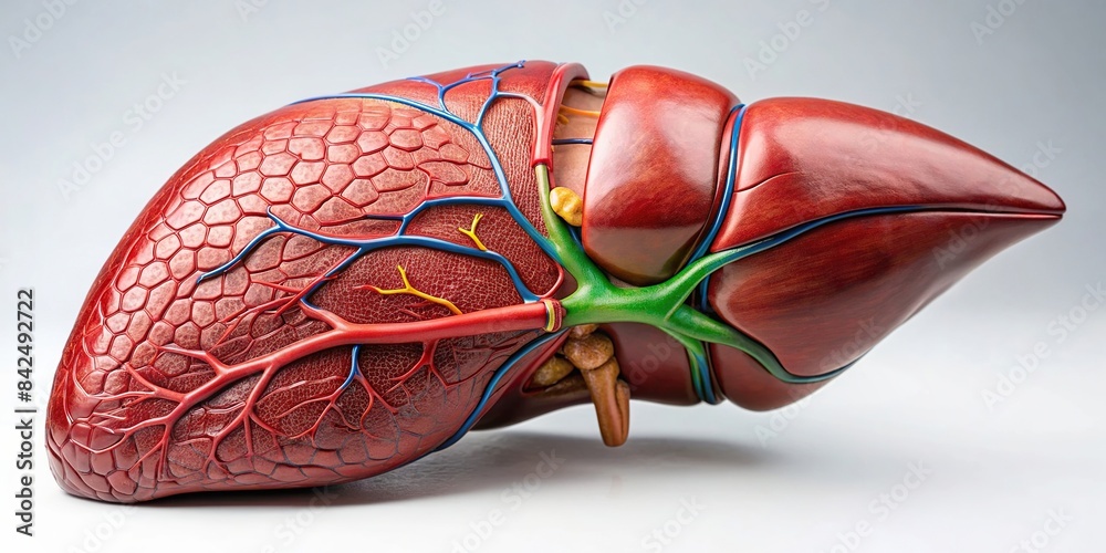 A realistic anatomical model of the human liver, crafted in bright red ...