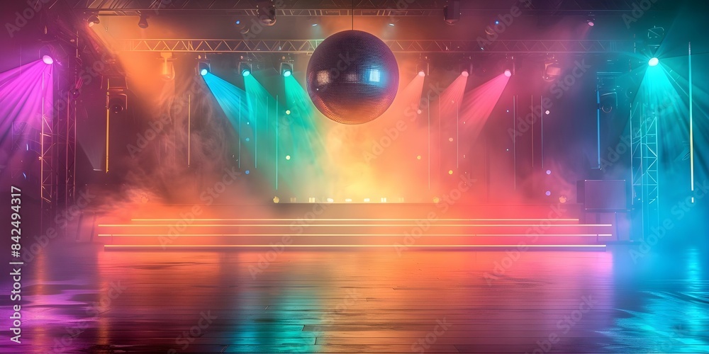 Shimmering Disco Ball and Neon Lights Illuminate 70s Disco Concert ...