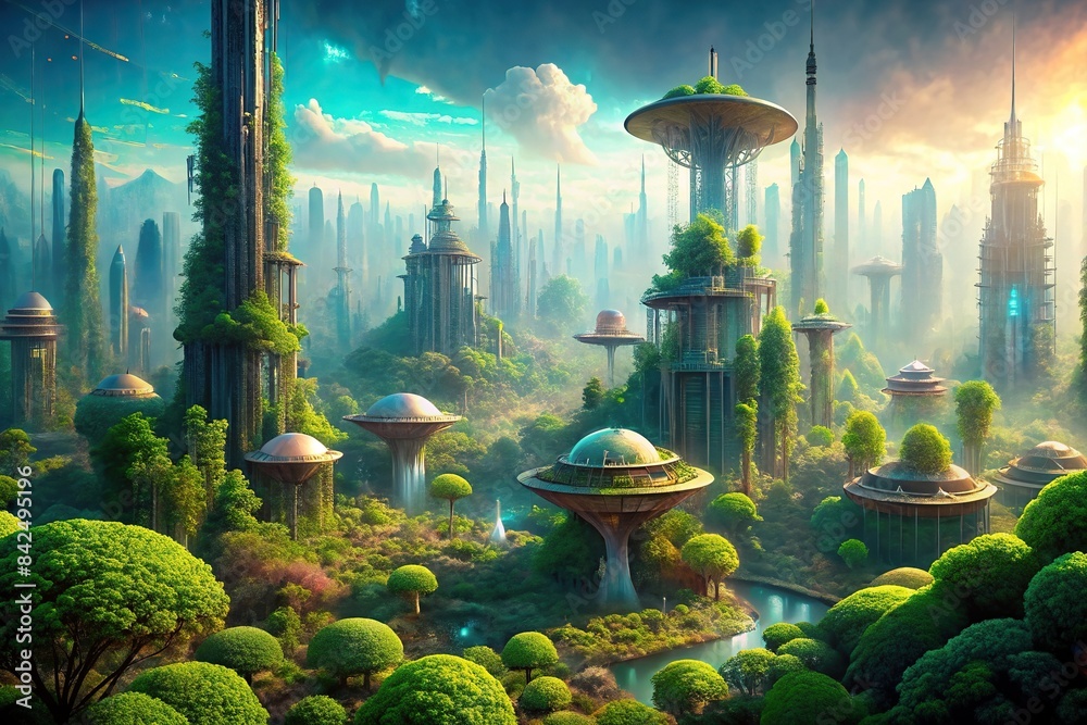 Futuristic sci-fi city surrounded by alien forest with generative ...
