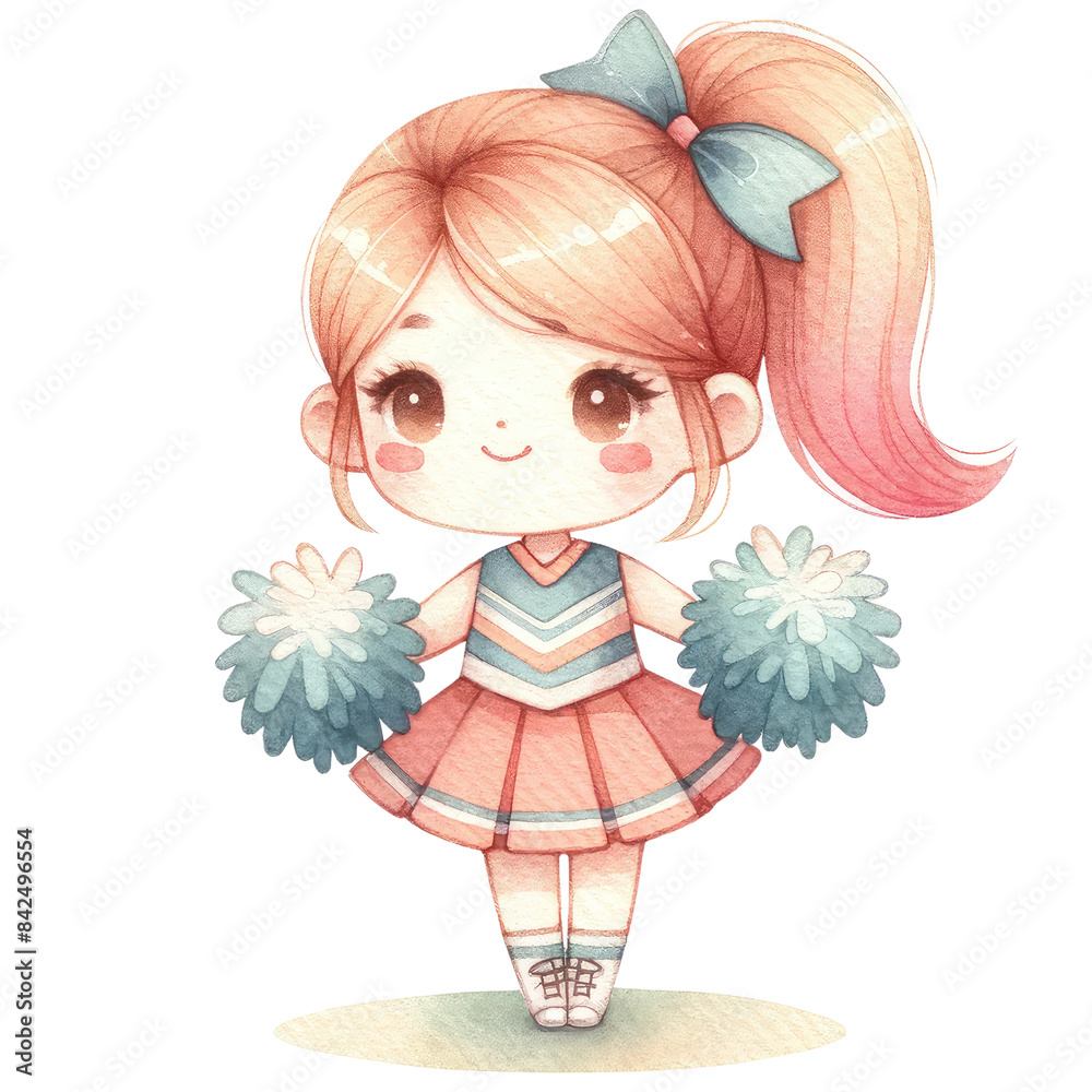 Cute animated girl pink dress, and blue ribbon in hair, cheerleader ...