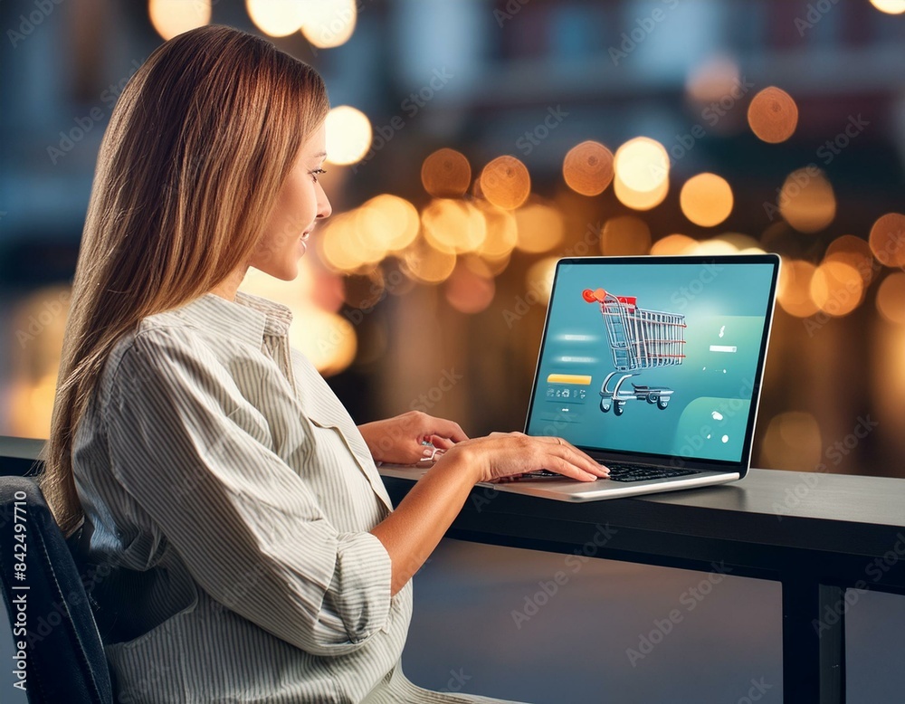 Person using laptop for online shopping with digital shopping cart and ...