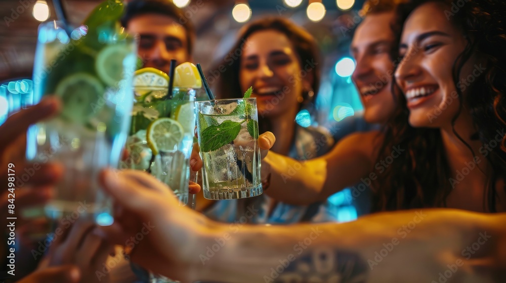 Cheering over mojitos in a happy group of friends at the restaurant ...