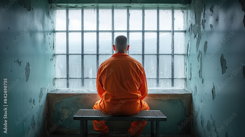 Prisoner Looking Out Window. Inmate in orange jumpsuit sitting on bench ...