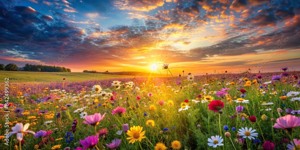 Abstract shapes and textures overlay a vibrant sunrise over a field of ...