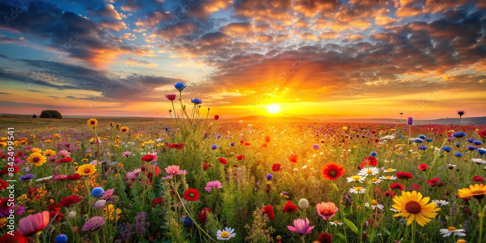 Abstract shapes and textures overlay a vibrant sunrise over a field of ...